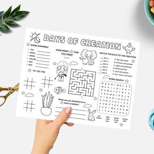 Days of Creation, Printable Bible Activity Placemat, Sunday School ...