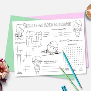 Samson Bible Story, Printable Bible Activity Placemat, Samson and ...