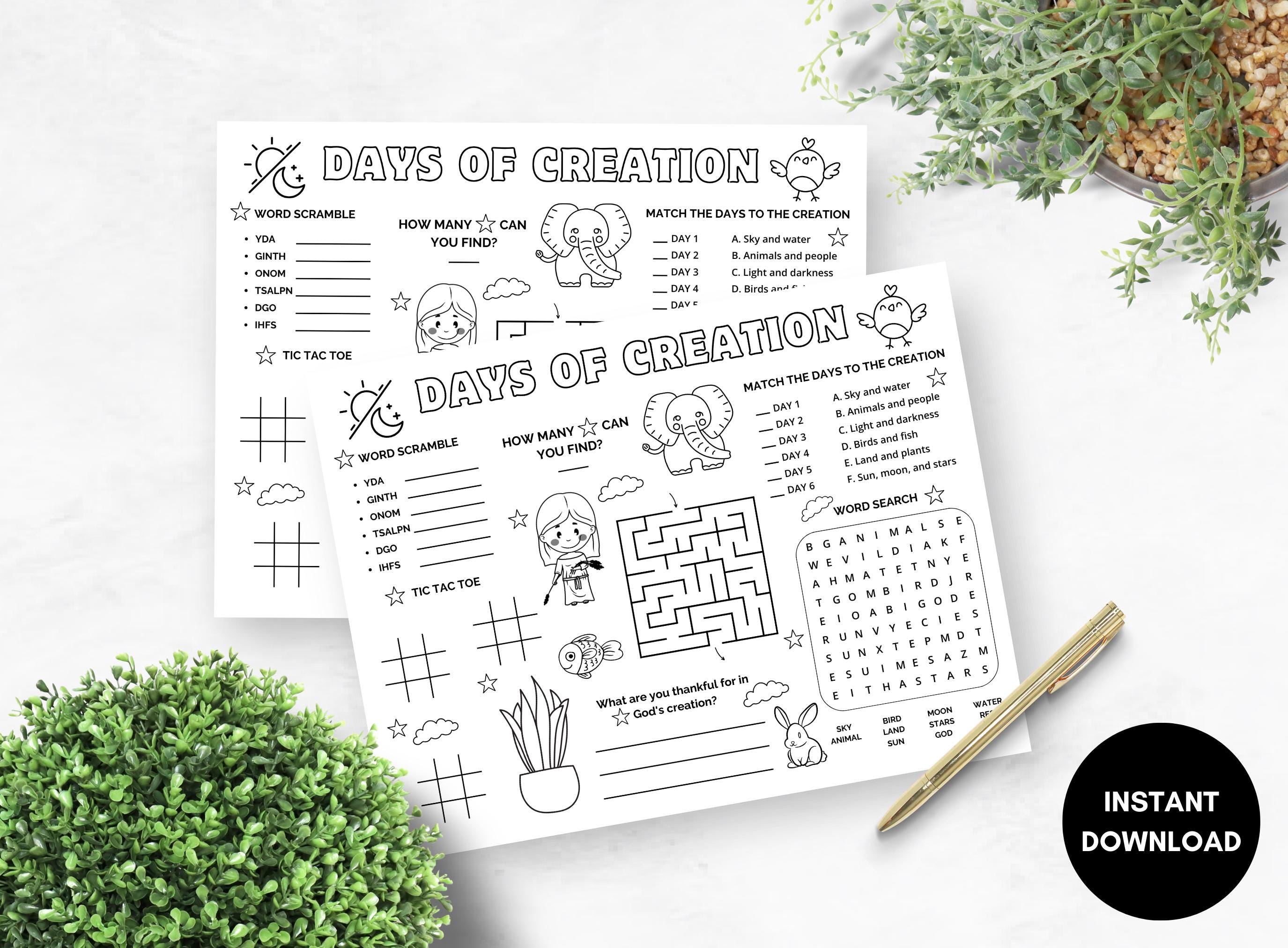 Days of Creation, Printable Bible Activity Placemat, Sunday School ...