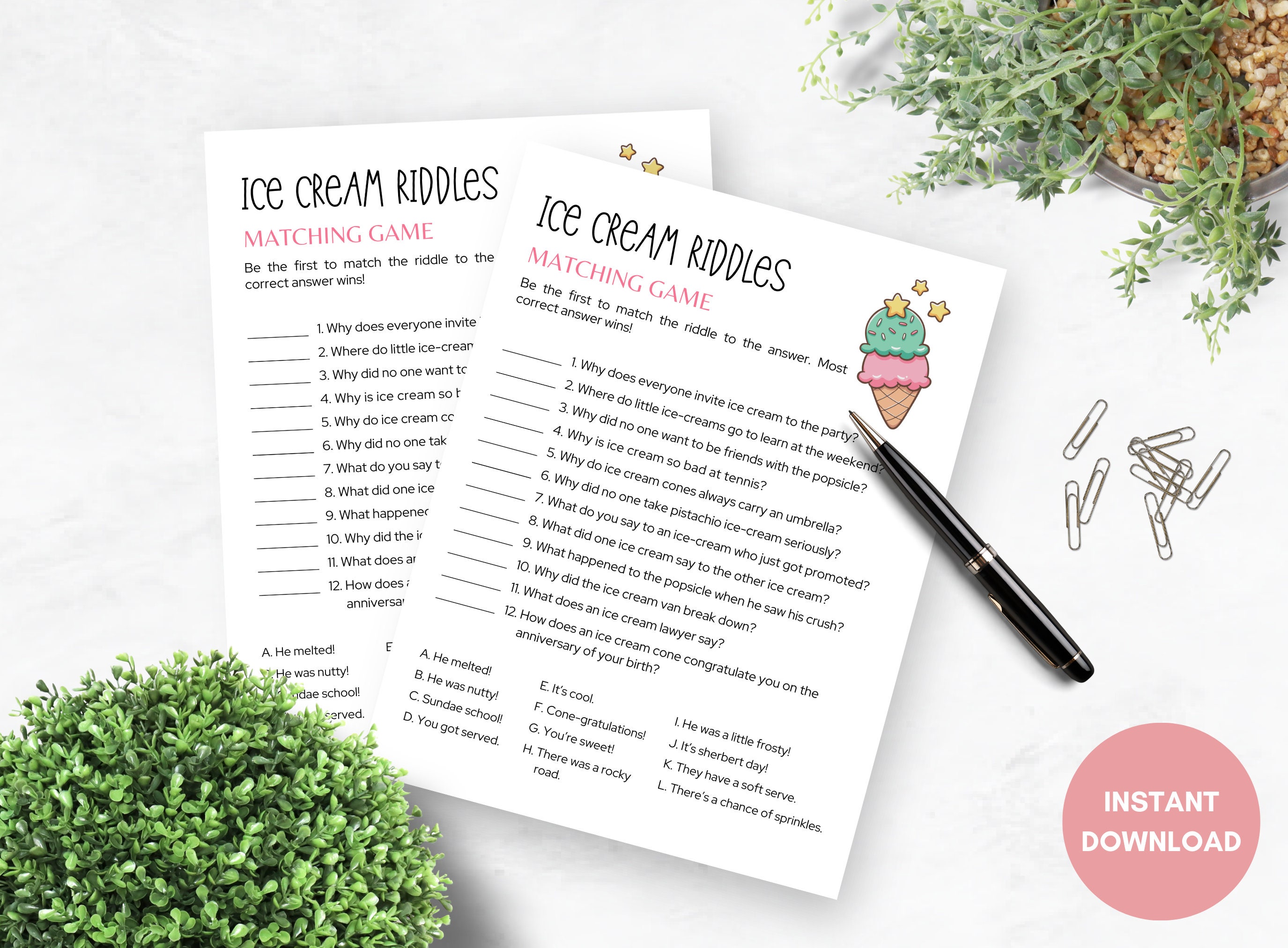 Ice Cream Riddles Matching Game, Fun Ice Cream Birthday Party Game for ...