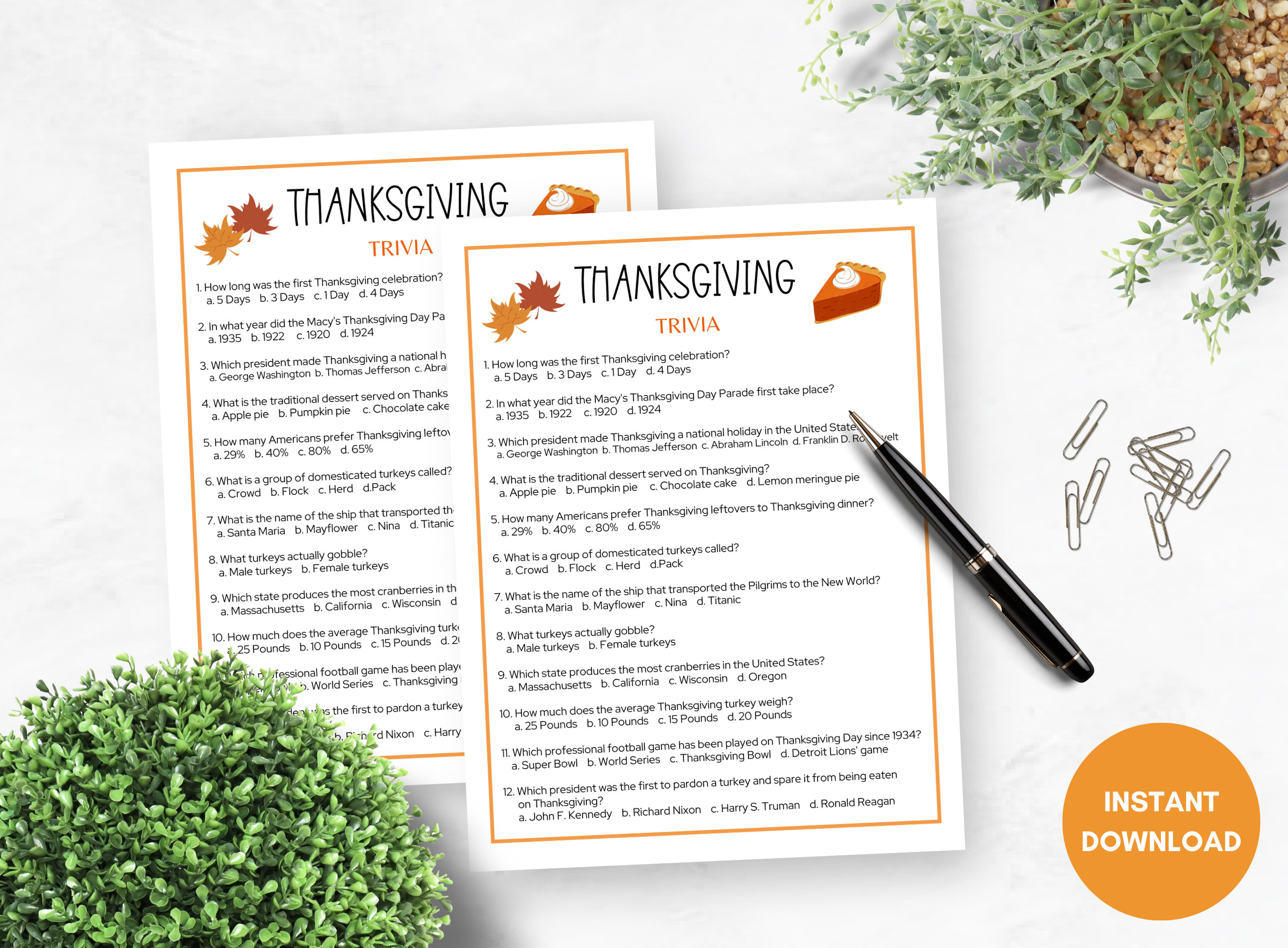 Thanksgiving Trivia, Printable Trivia Game, Trivia Questions for Kids ...