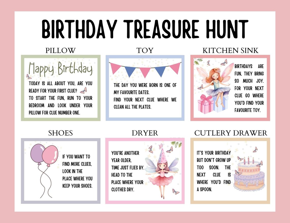 Fairy Birthday Scavenger Hunt for Kids, Indoor Treasure Hunt Clues ...