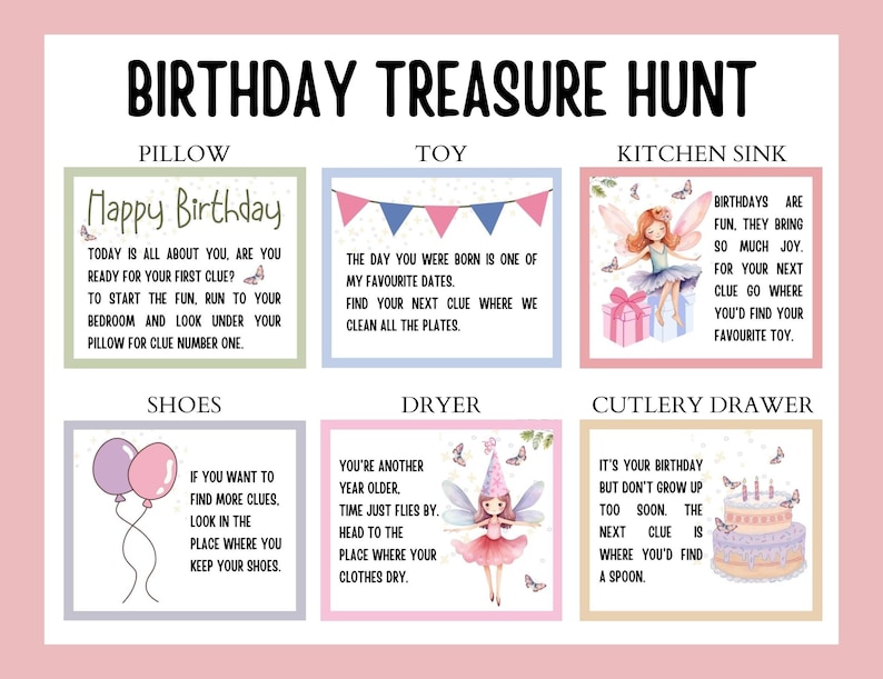 Fairy Birthday Scavenger Hunt for Kids, Indoor Treasure Hunt Clues ...
