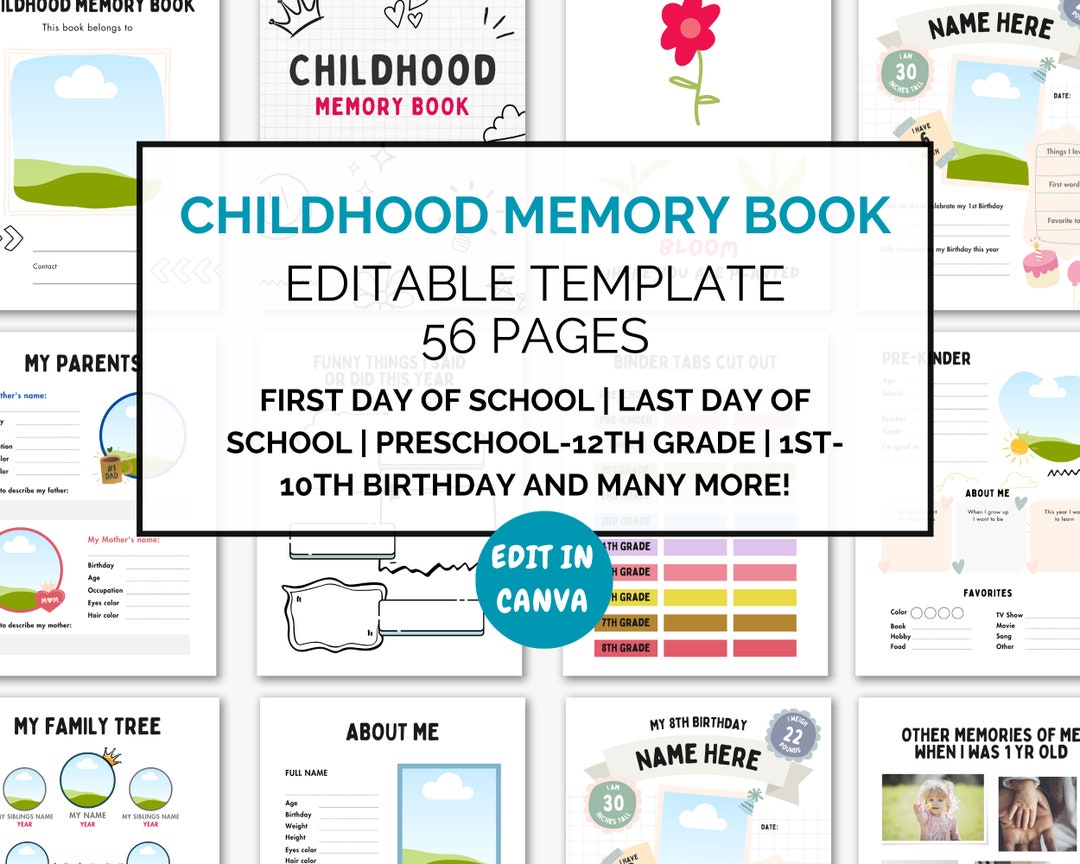Childhood Memory Book, Editable Kids Keepsake Journal, Printable Back ...