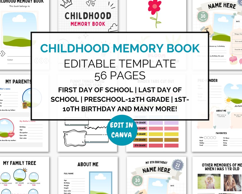 Childhood Memory Book, Editable Kids Keepsake Journal, Printable Back ...