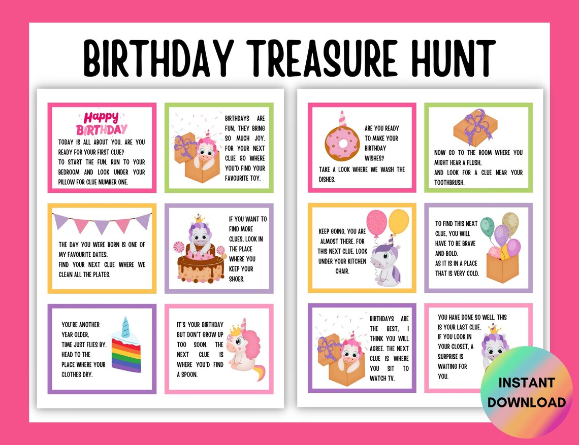 Unicorn Birthday Scavenger Hunt for Kids, Birthday Treasure Hunt ...
