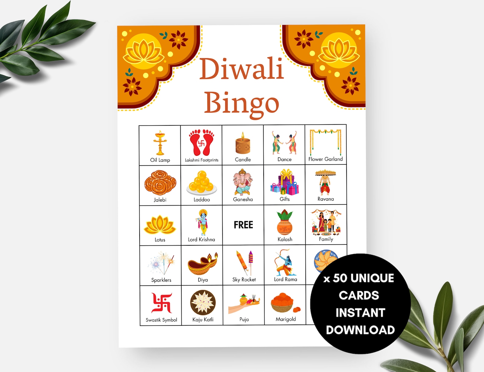 Diwali Bingo, 50 Diwali Bingo Cards, Printable Diwali Party Activity ...