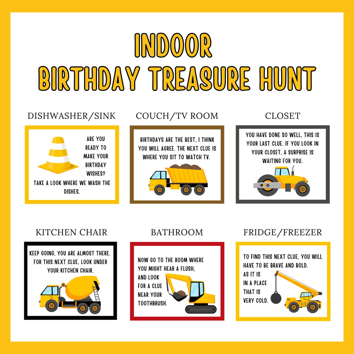Construction Birthday Scavenger Hunt for Kids, Indoor Treasure Hunt ...