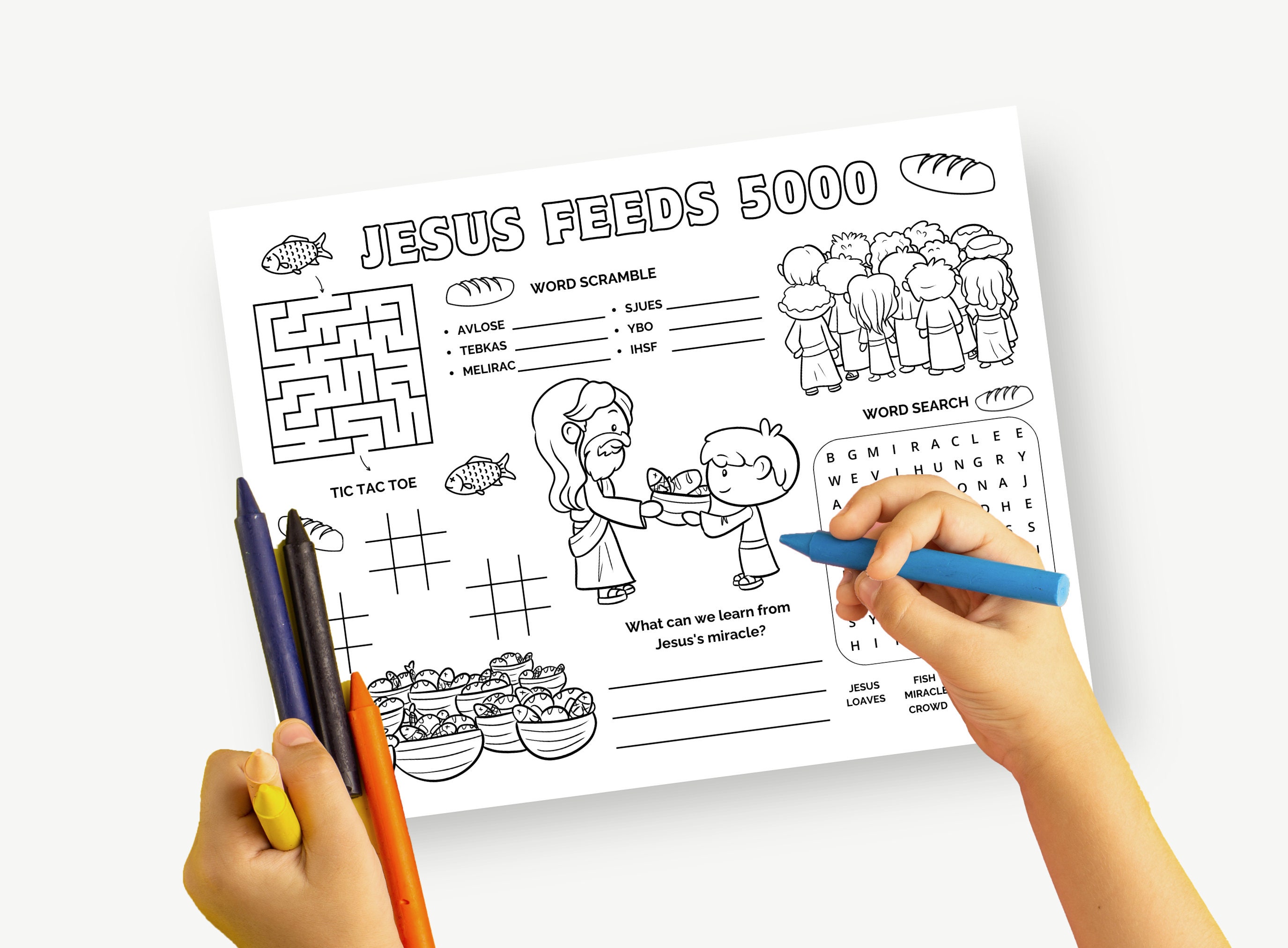 Jesus Feeds 5000, Printable Bible Activity Placemat, Sunday School ...