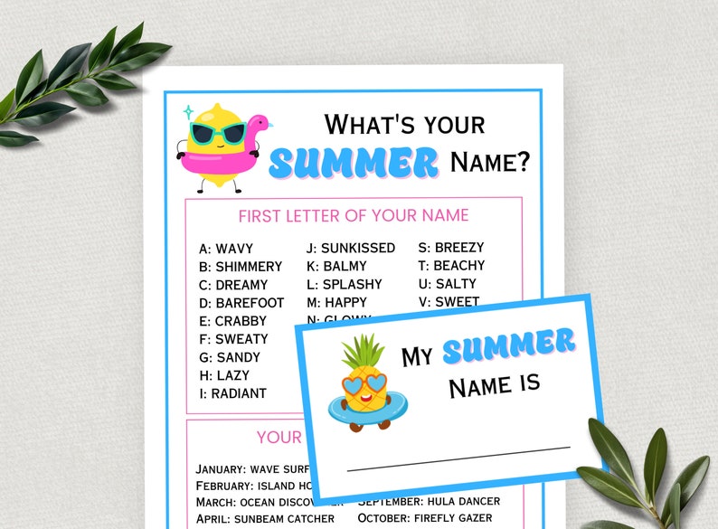 Whats Your Summer Name, Summer Birthday Party Game for Kids and Adults ...