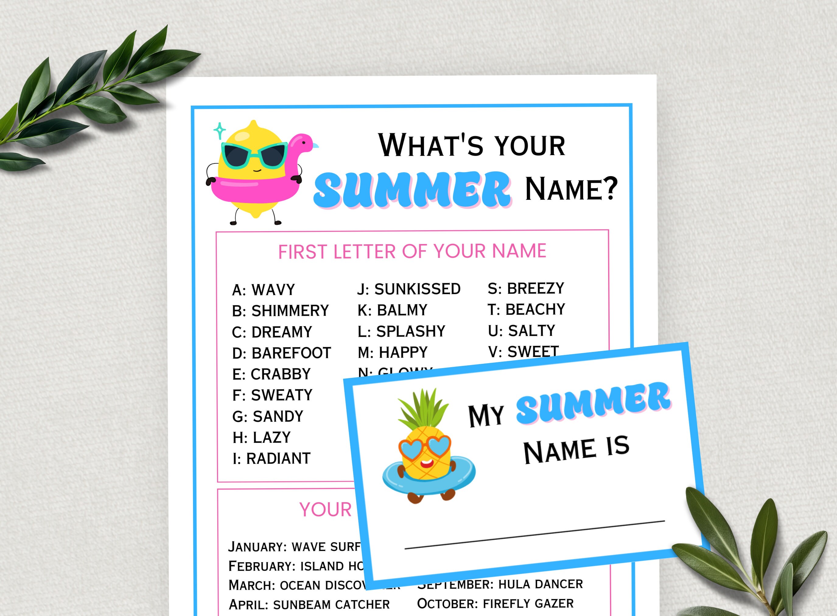 Whats Your Summer Name, Summer Birthday Party Game for Kids and Adults ...