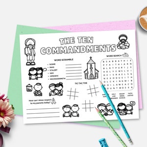 10 Commandments, Printable Bible Activity Placemat, Sunday School, Kids ...