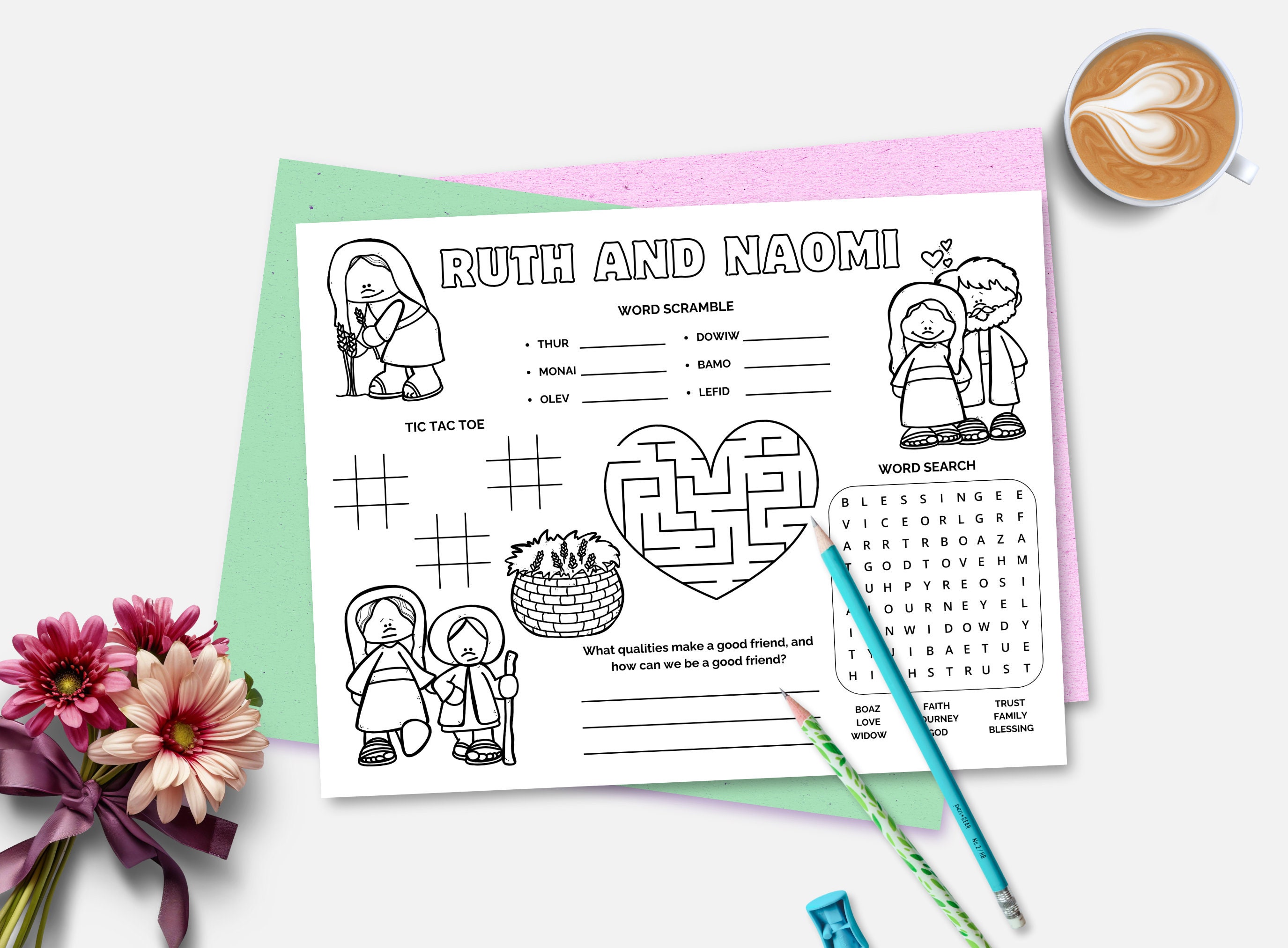 Ruth and Naomi, Printable Bible Activity Placemat, Sunday School, Kids ...