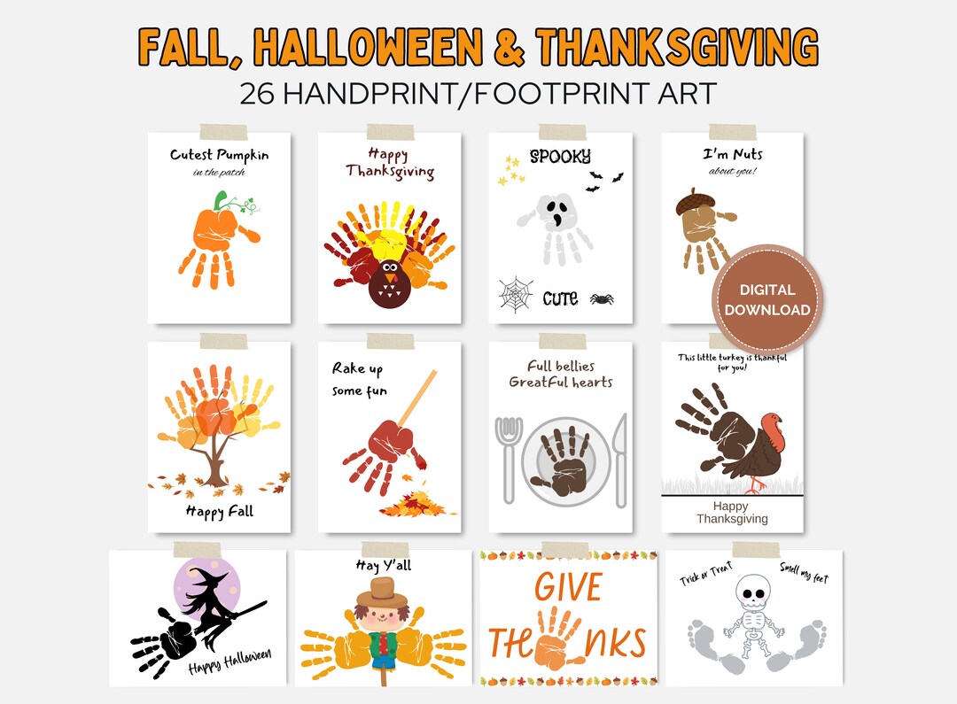 Fall Handprint Art, Printable Halloween and Thanksgiving Footprint ...