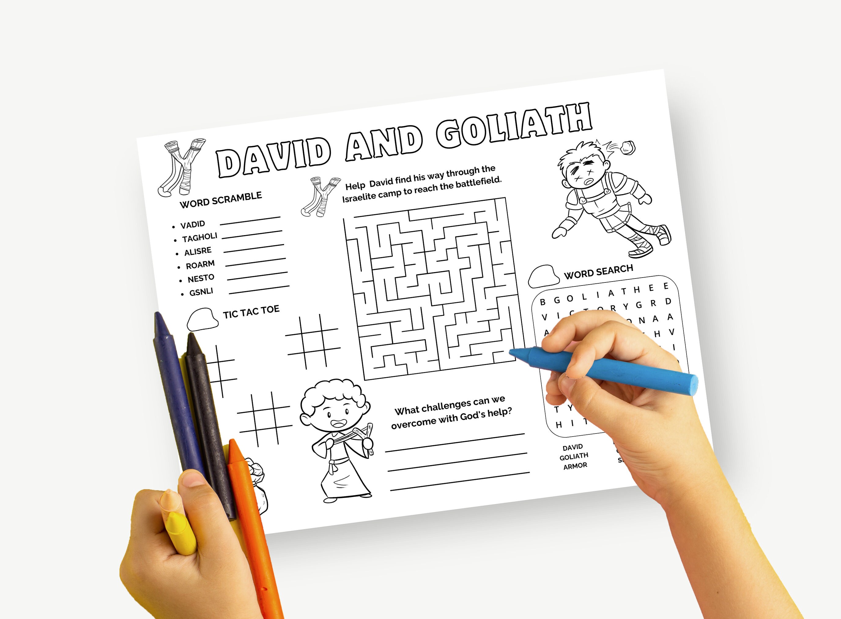 David and Goliath, Printable Bible Activity Placemat, Sunday School ...