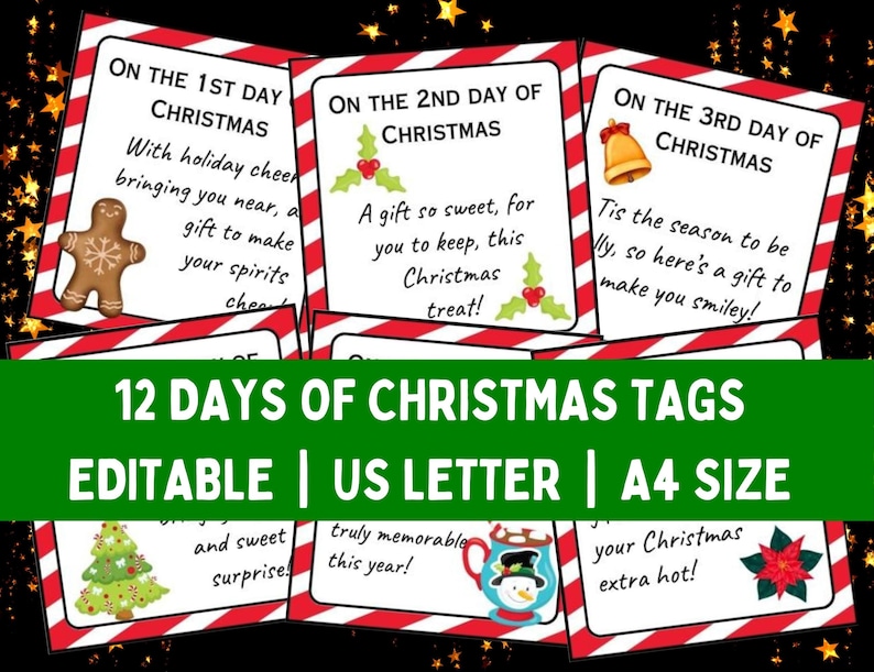 Editable 12 Days of Christmas Printable Tags, 12 Days of Christmas Gift ...
