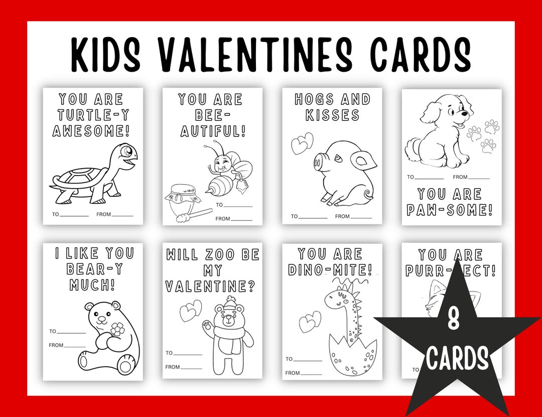 Animal Valentines, Printable Valentine Day Cards for Kids, Coloring ...