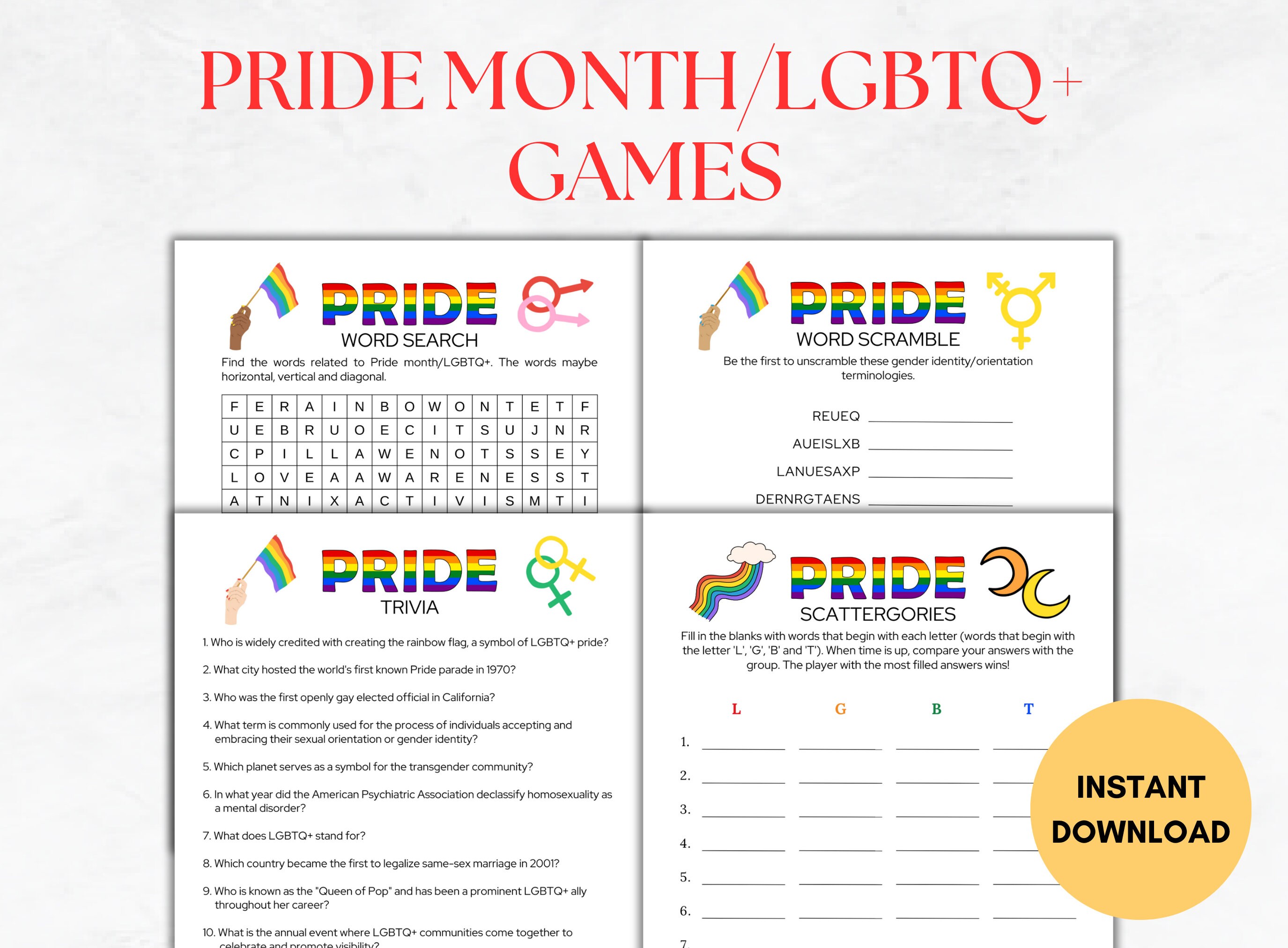 8 Printable Pride Month Party Games, LGBTQ Pride Games Bundle, LGBTQ ...