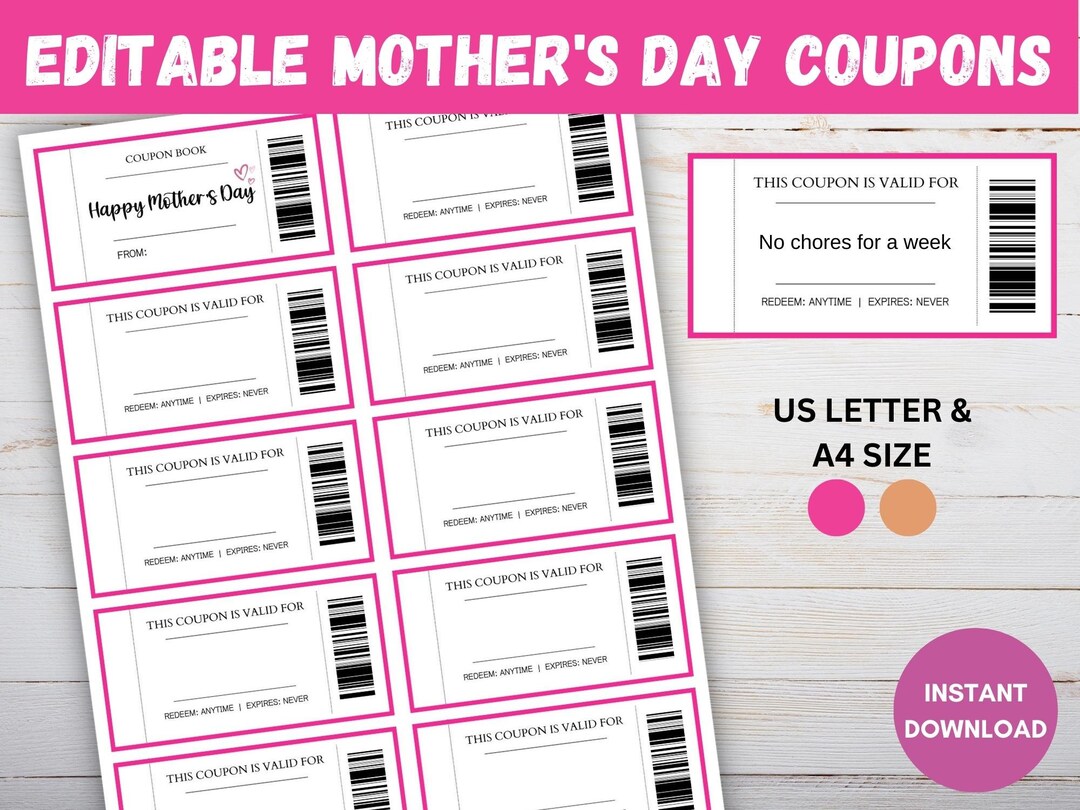 Editable Mother's Day Coupon Book, Mothers Day Coupons, Mom Coupon Book ...