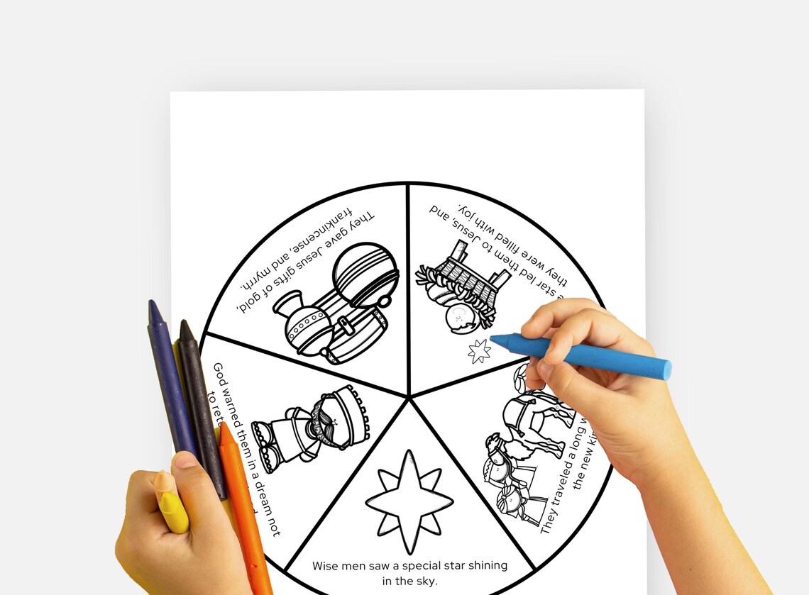 Three Wise Men, Printable 3 Kings Nativity Coloring Wheel, Birth of ...