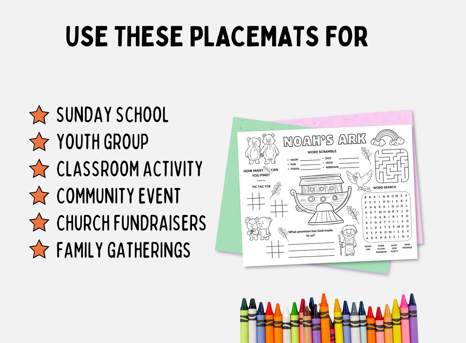 Noah's Ark, Printable Bible Activity Placemat, Sunday School, Kids ...