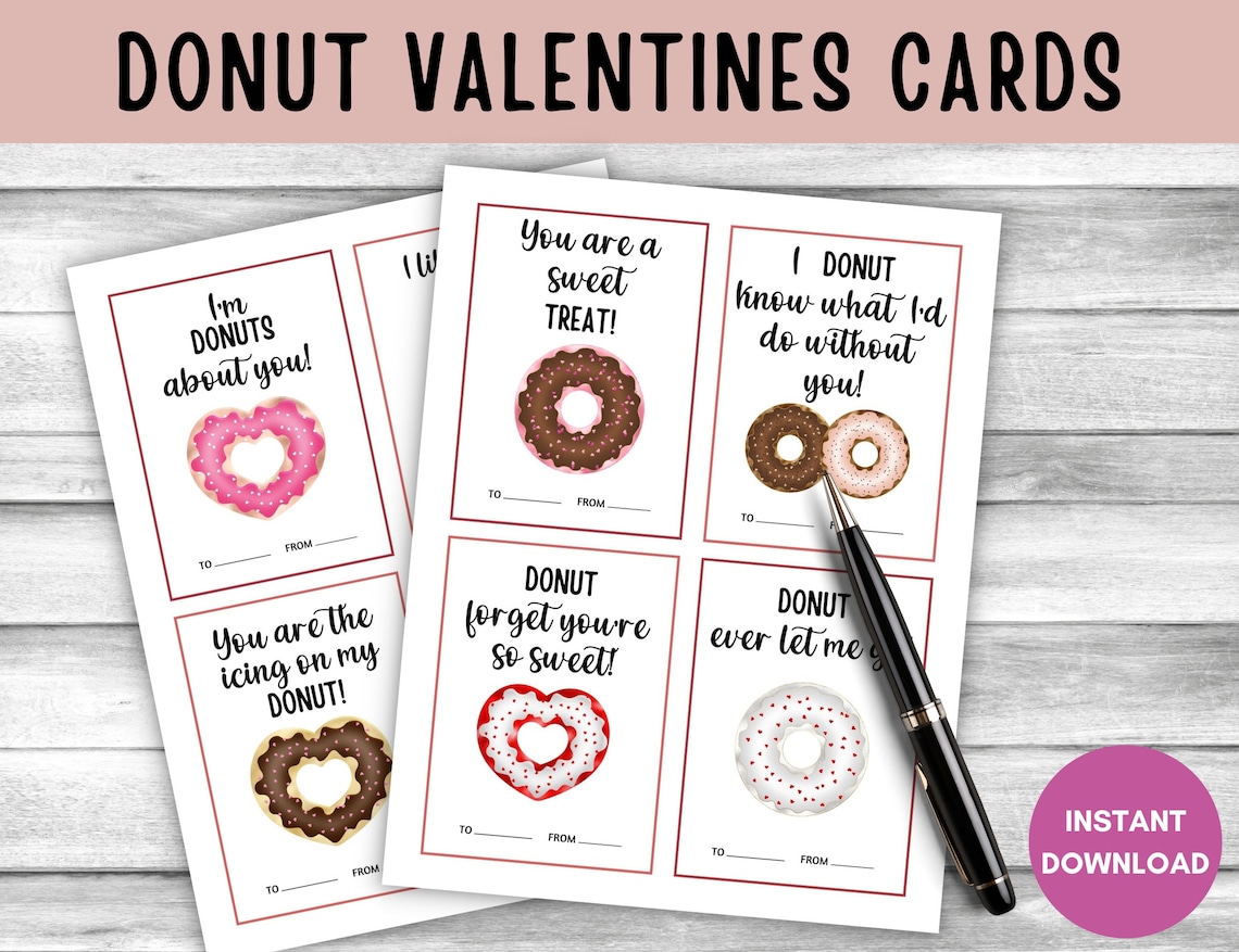 Donut Valentines Day Cards, Printable Kids Classroom Valentines ...