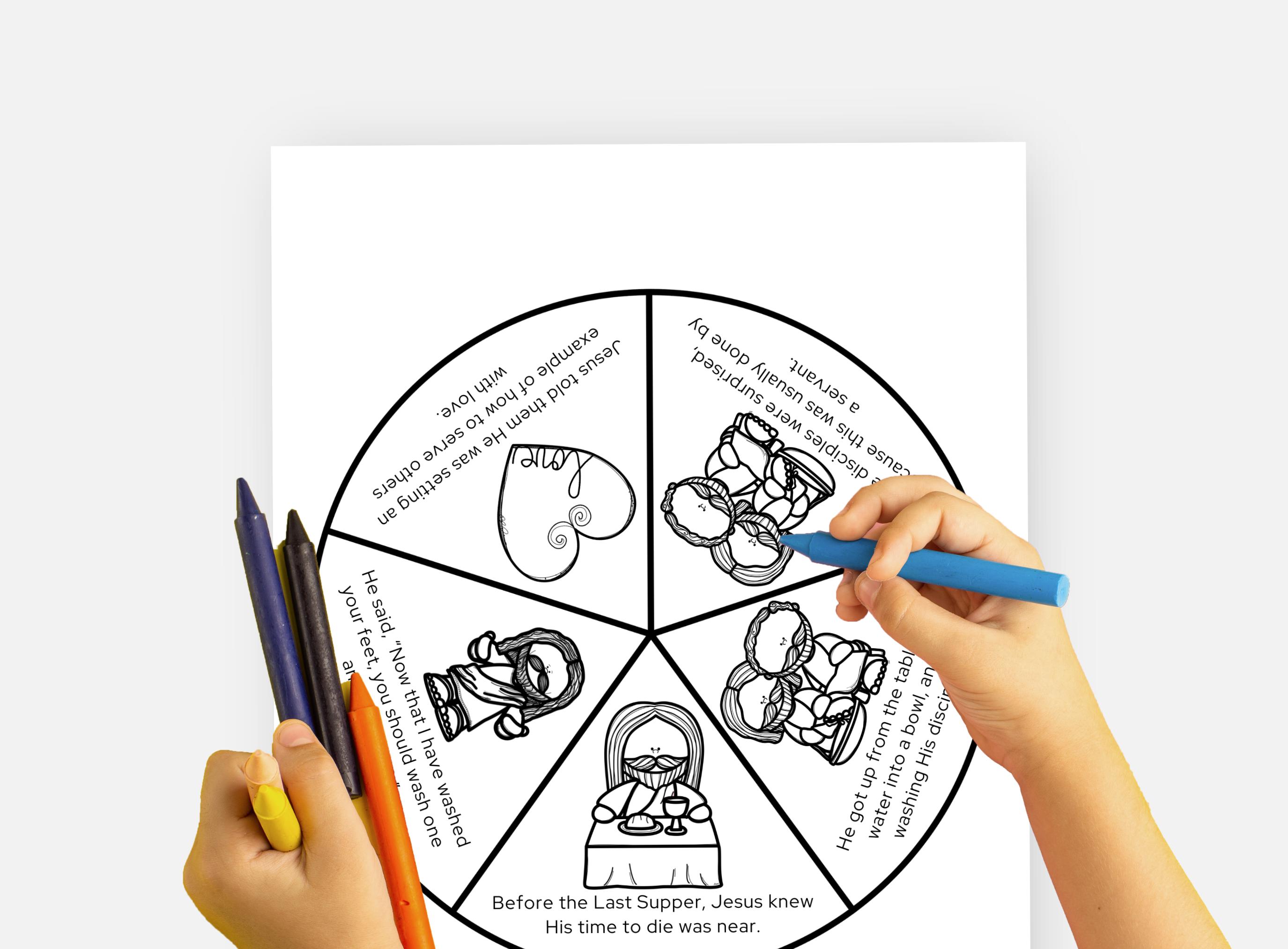 Jesus Washes Disciples Feet, Holy Week Printable Coloring Wheel, Sunday ...