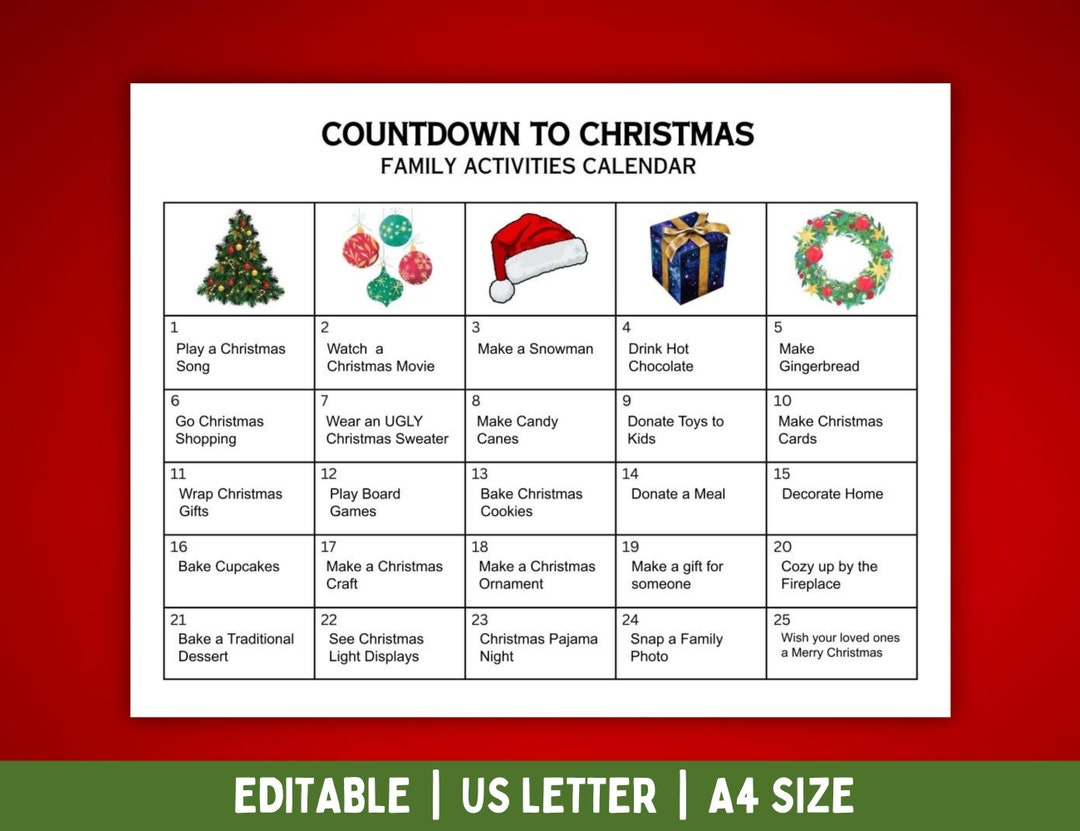 Printable Christmas Advent Calendar, Editable Christmas Countdown ...