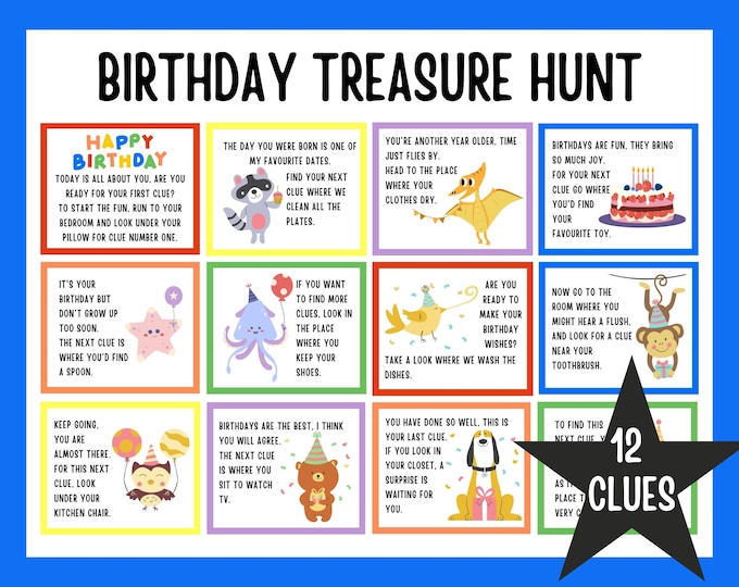 Birthday Scavenger Hunt Printable, Treasure Hunt Clue Cards, Kids ...