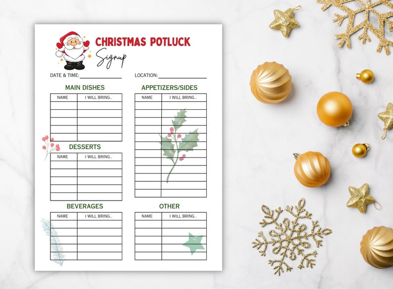Christmas Potluck Signup Sheet, Printable Holiday Potluck, Family Feast ...