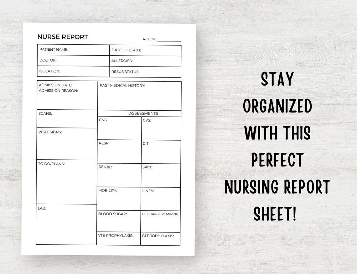 Nursing Report Sheet, Nurse Brain Sheet, RN Report Sheet, Patient ...