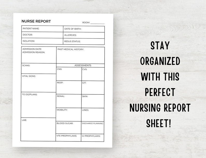 Nursing Report Sheet, Nurse Brain Sheet, RN Report Sheet, Patient Report Sheet, Nursing Student ...