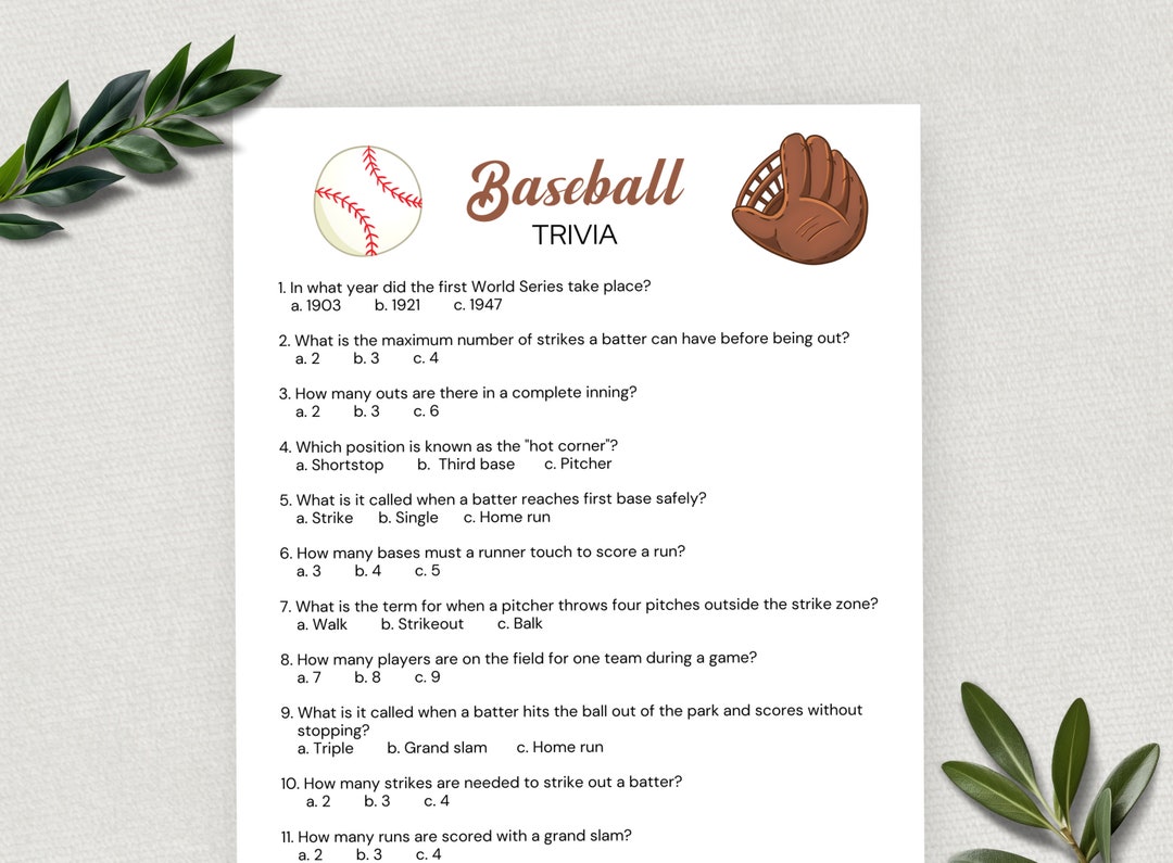Baseball Trivia, Fun Printable Baseball Game, Sports Theme Birthday ...