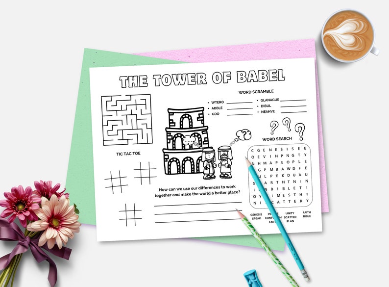 The Tower of Babel, Printable Bible Story Activity Placemat, Sunday ...