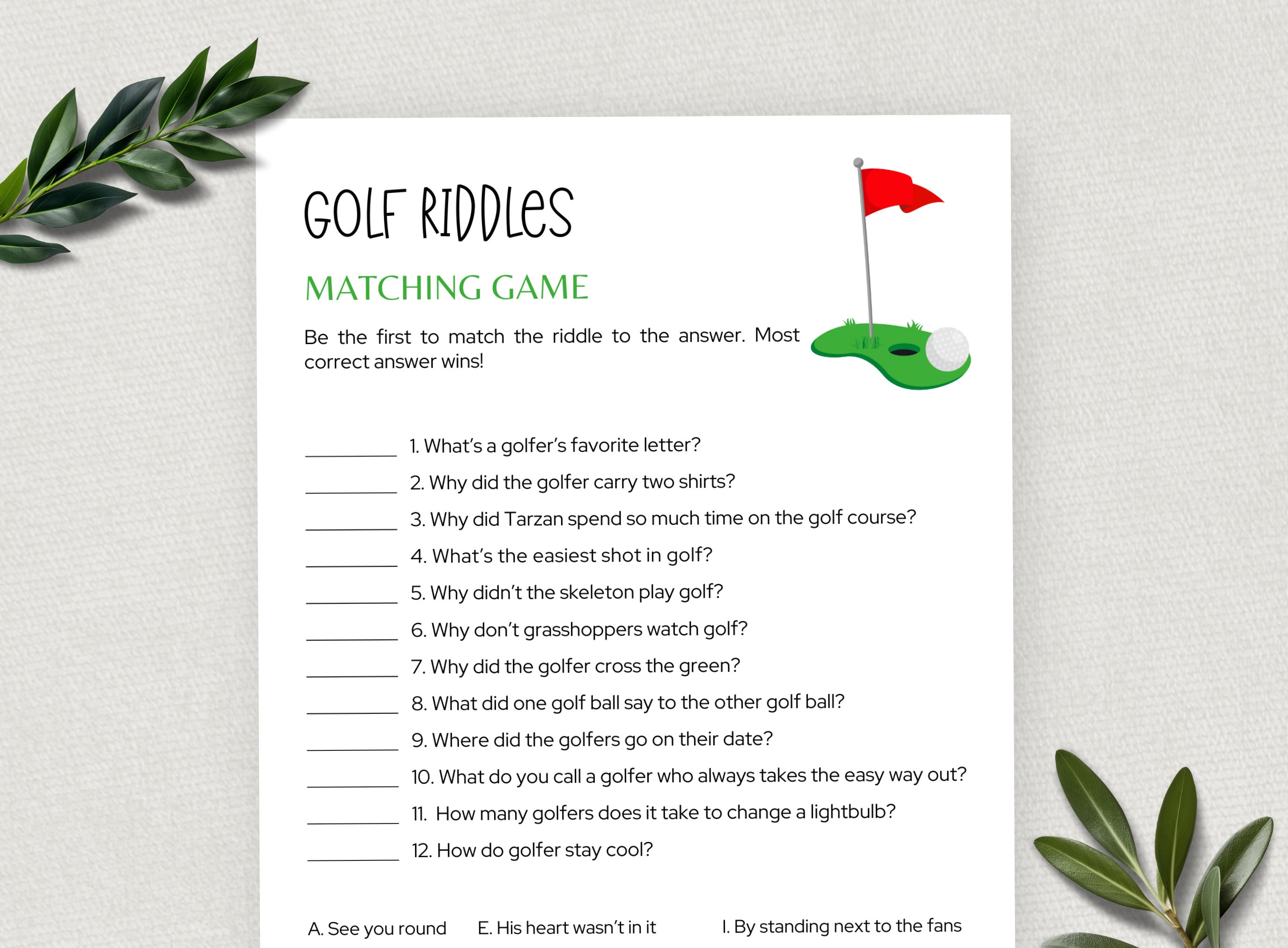 Golf Riddles, Printable Golf Activity, Fun Golf Theme, Birthday Party ...