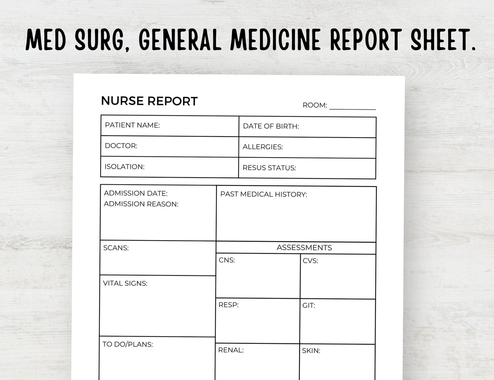 Nursing Report Sheet, Nurse Brain Sheet, RN Report Sheet, Patient ...