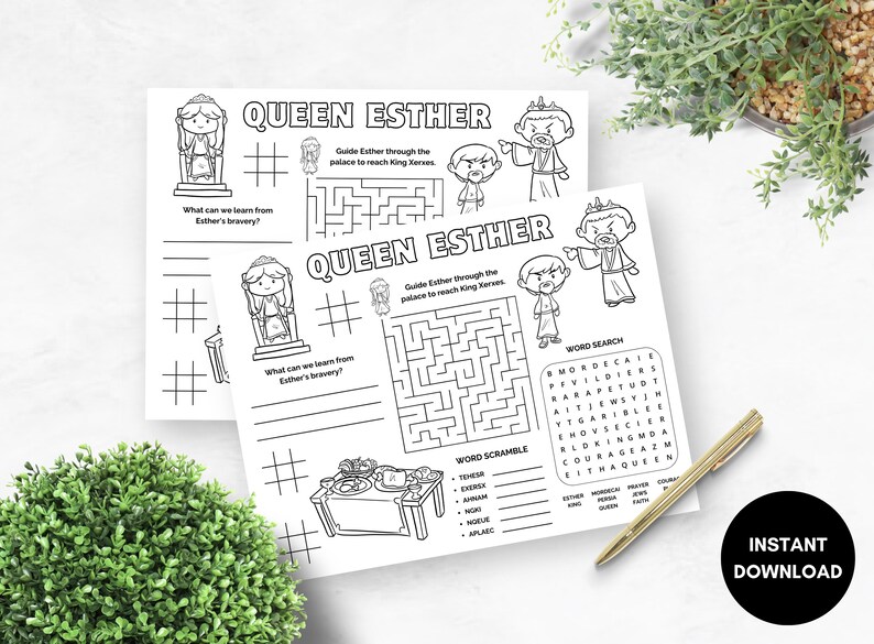 Queen Esther, Printable Bible Activity Placemat, Sunday School, Kids ...