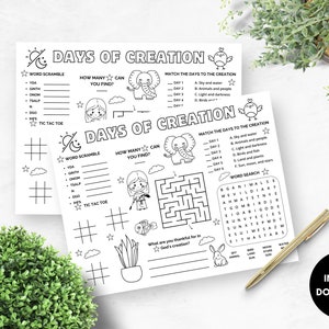 Days of Creation, Printable Bible Activity Placemat, Sunday School ...