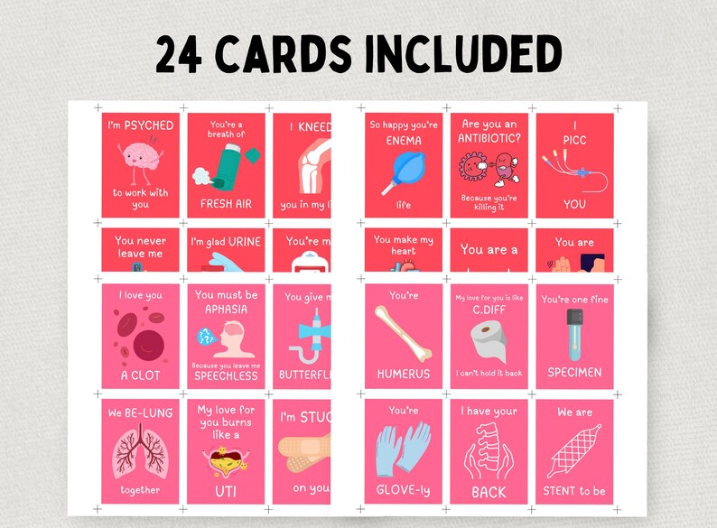 Medical Valentines, 24 Printable Nurse Valentine Gift Tags, Funny ...