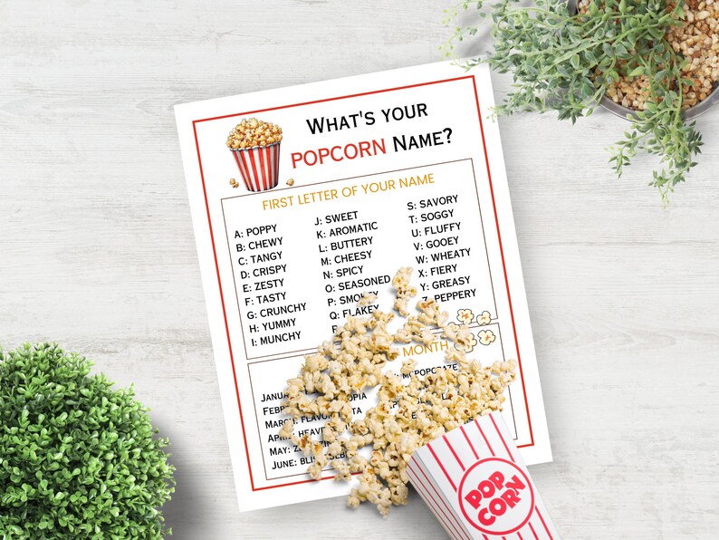 Whats Your Popcorn Name, Name Sign & Tags, Birthday Party Game ...