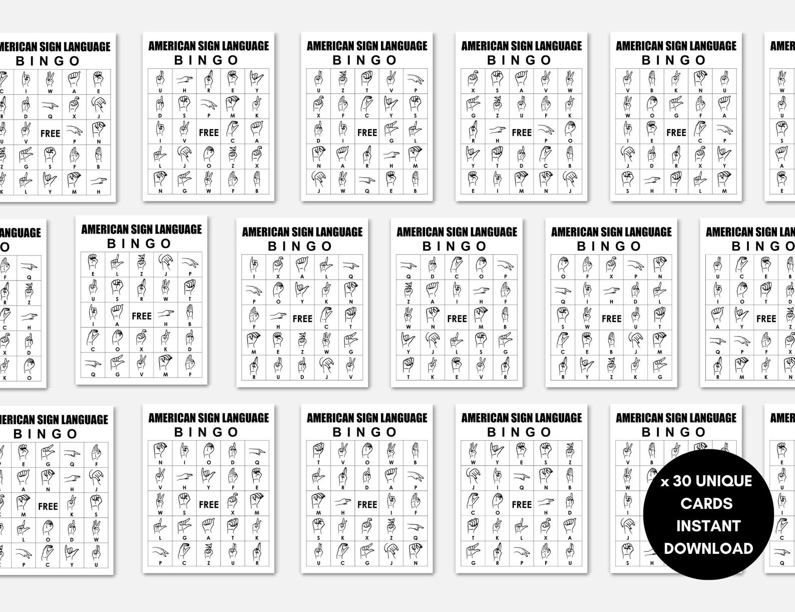 ASL Bingo, 30 American Sign Language Alphabet Bingo Cards, Special ...