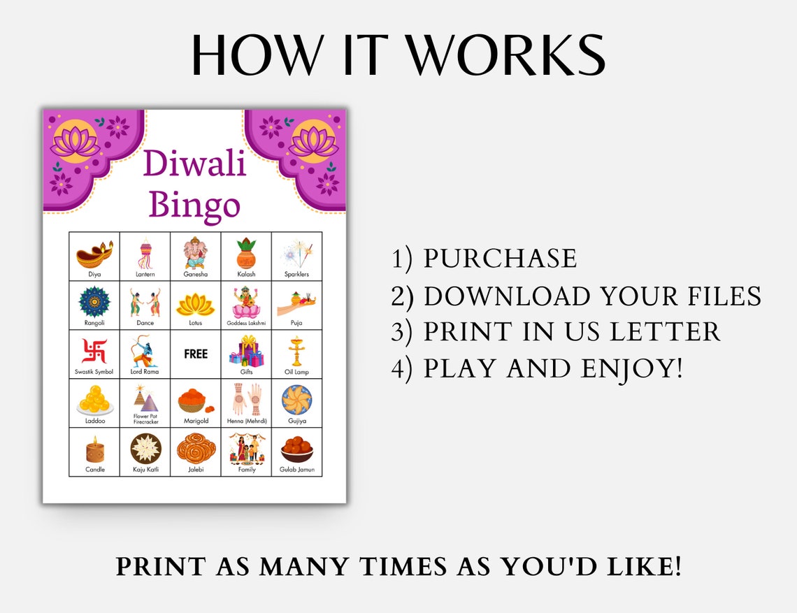 Diwali Bingo, 50 Diwali Bingo Cards, Printable Diwali Party Activity ...