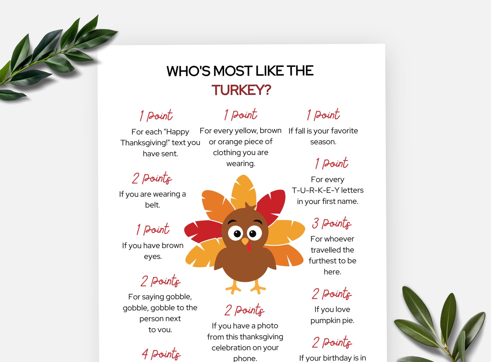 Whos Most Like the Turkey, Fun Printable Thanksgiving Game, Classroom ...