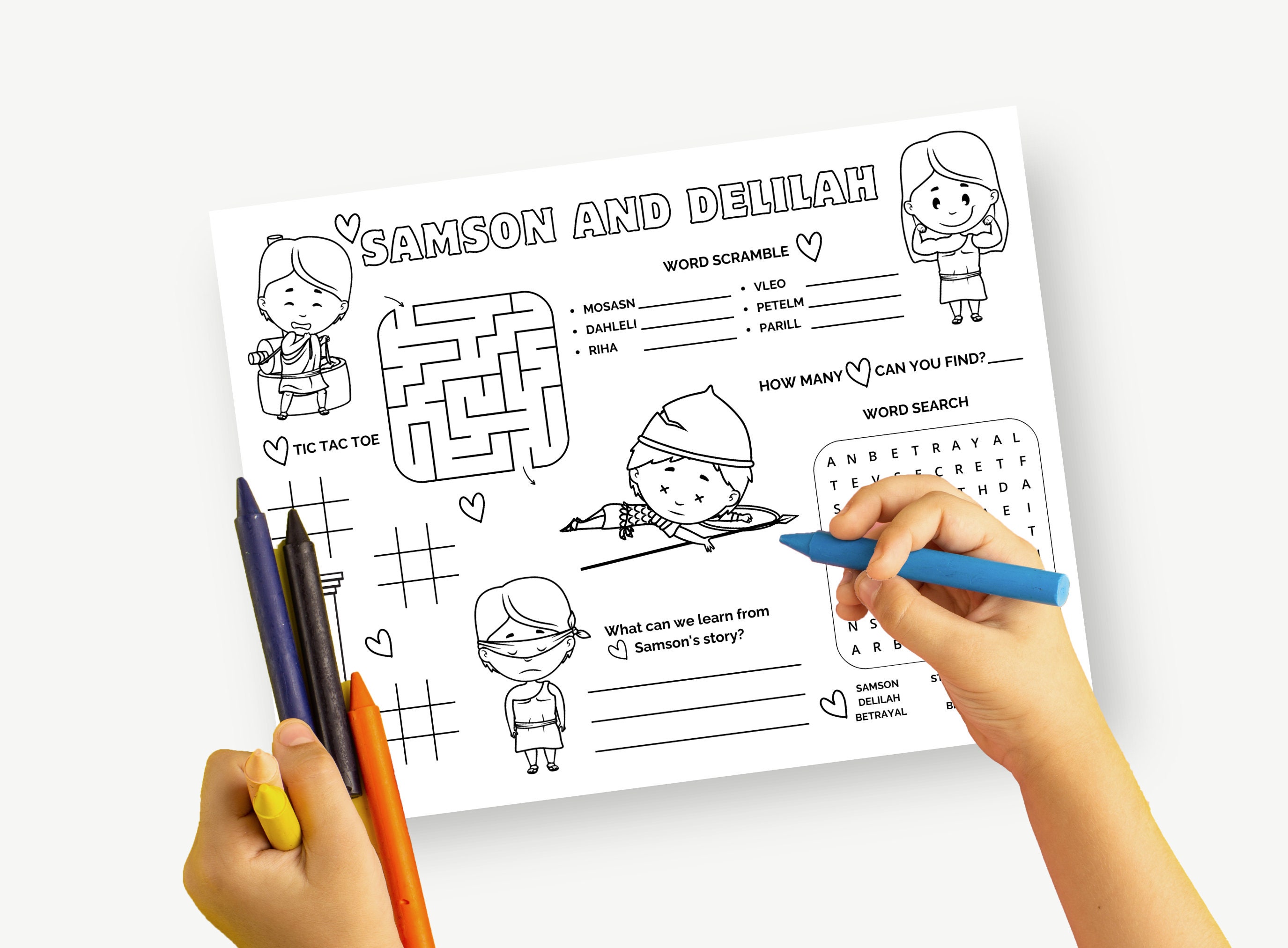 Samson Bible Story, Printable Bible Activity Placemat, Samson and ...