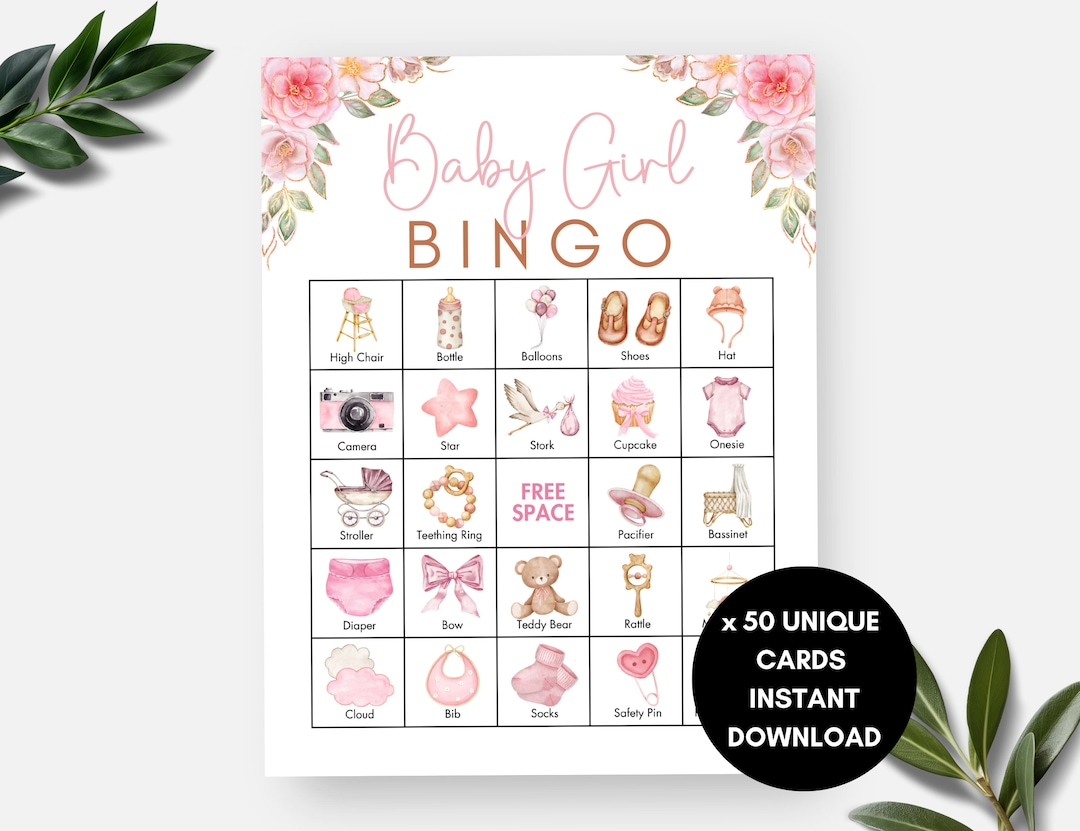 Girl Baby Bingo, Baby Shower Bingo, 50 Watercolor Pink Floral Bingo ...