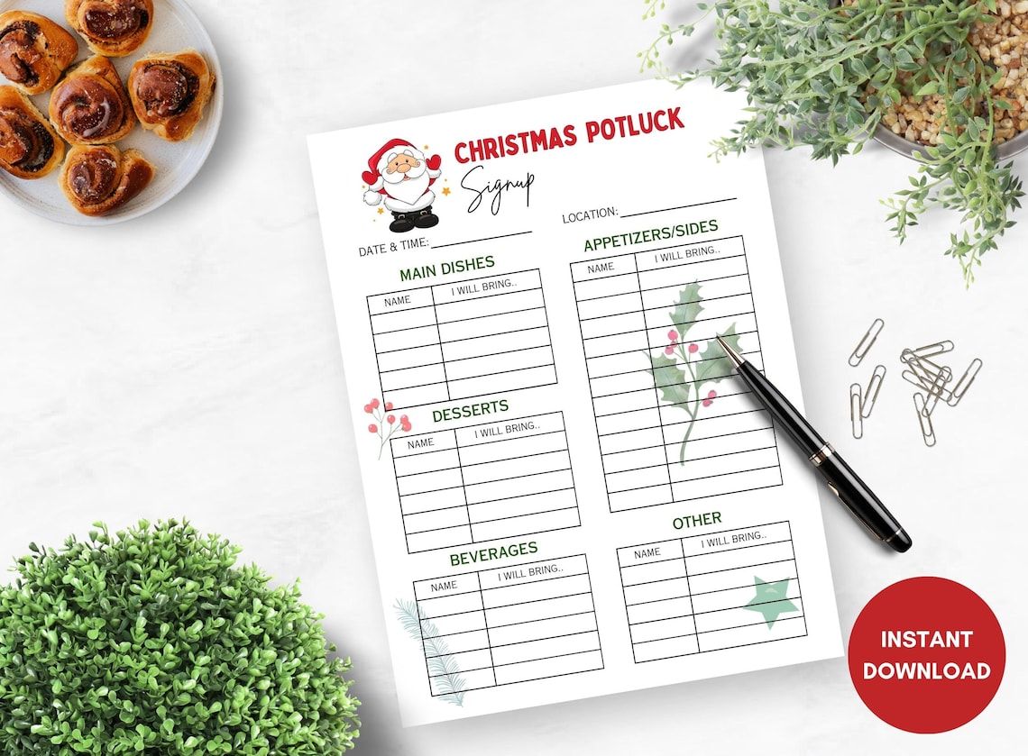 Christmas Potluck Signup Sheet, Printable Holiday Potluck, Family Feast ...
