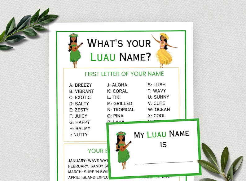 Whats Your Luau Name, Luau Party Game for Kids and Adults, Summer ...