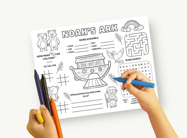 Noah's Ark, Printable Bible Activity Placemat, Sunday School, Kids ...