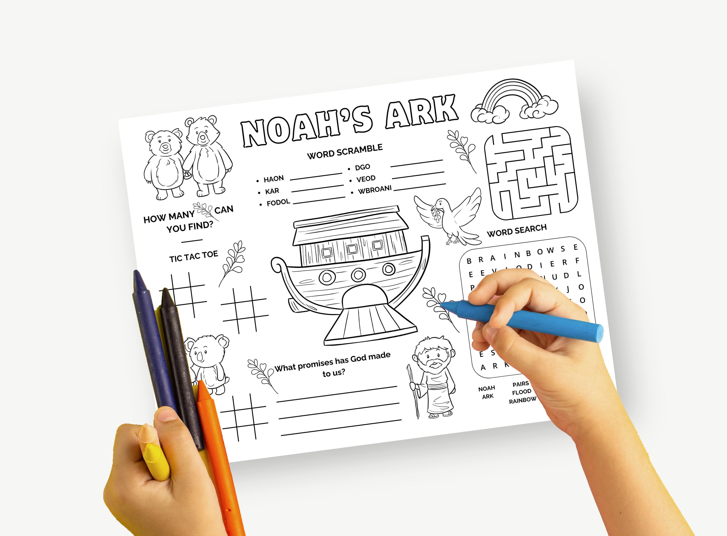Noah's Ark, Printable Bible Activity Placemat, Sunday School, Kids ...