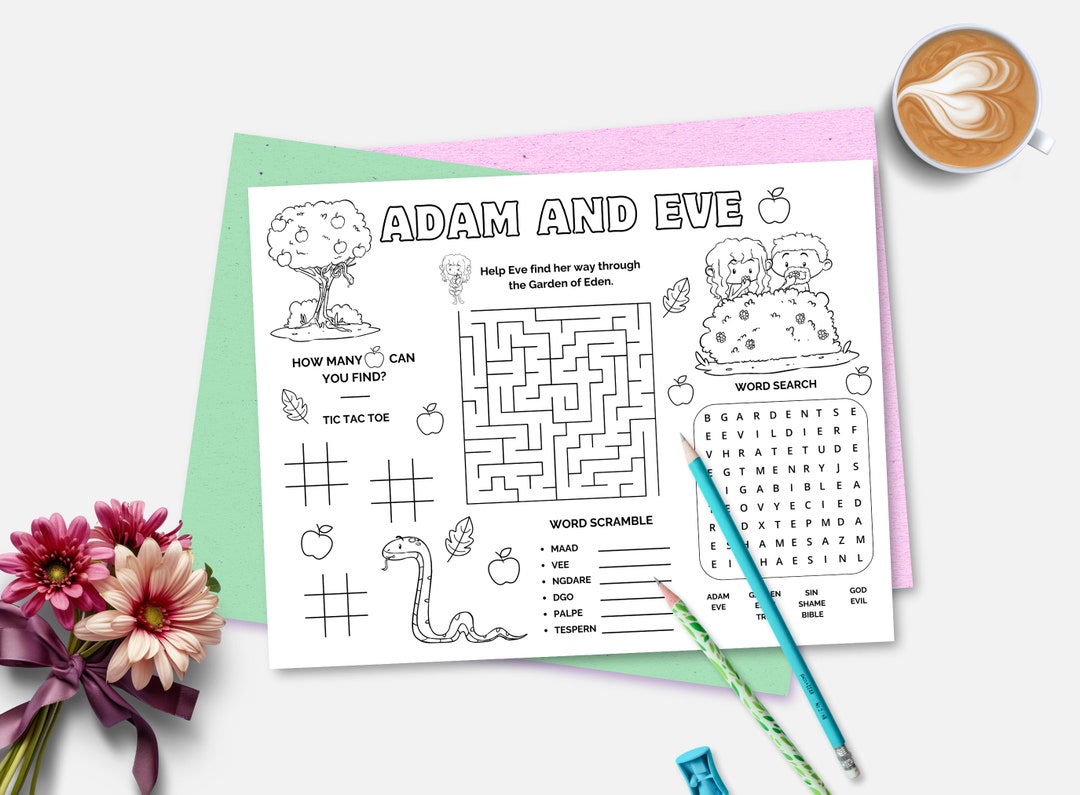 Adam and Eve, Printable Bible Activity Placemat, Sunday School, Kids ...